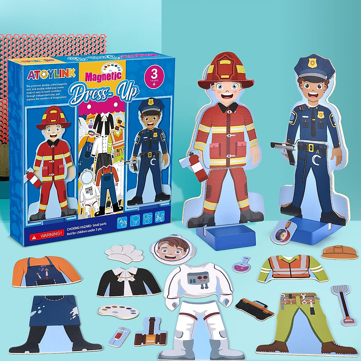 Atoylink Wooden Magnetic Dress up Dolls Pretend Play Set 40+ Pcs Occupations Community Helpers Matching Games Fridge Magnets for Toddlers Preschool Learning Toys Boys Birthday Gifts