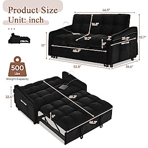 3 in 1 Sleeper Sofa Couch Bed with USB & Type C Port, 52" Small Modern Convertible Tufted Velvet Loveseat Sofa w/Pull Out Bed for Living Room Small Space Apartment, Black