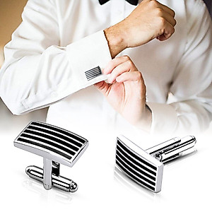 Lictin Men's Cufflinks Cuff Links for Men, Stainless Steel Classic Tone Cufflinks Black Striped Cuff Links Shirt Suit Cufflinks, 5 Pairs