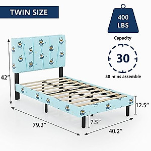 Molblly Twin Bed Frame Upholstered Platform with Headboard and Strong Wooden Slats, Strong Weight Capacity, Non-Slip and Noise-Free,No Box Spring Needed, Easy Assembly,Light Blue