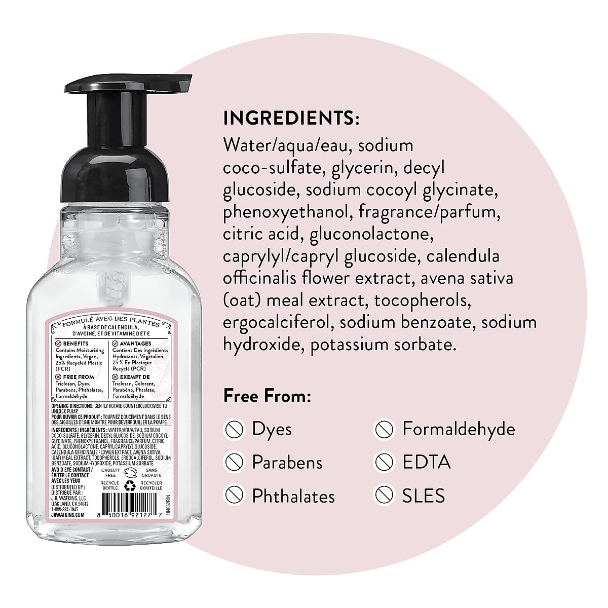 J.R. Watkins Foaming Hand Soap with Pump Dispenser, Moisturizing Foam Hand Wash, All Natural, Alcohol-Free, Cruelty-Free, USA Made, Rosewater, 9 fl oz, 3 Pack