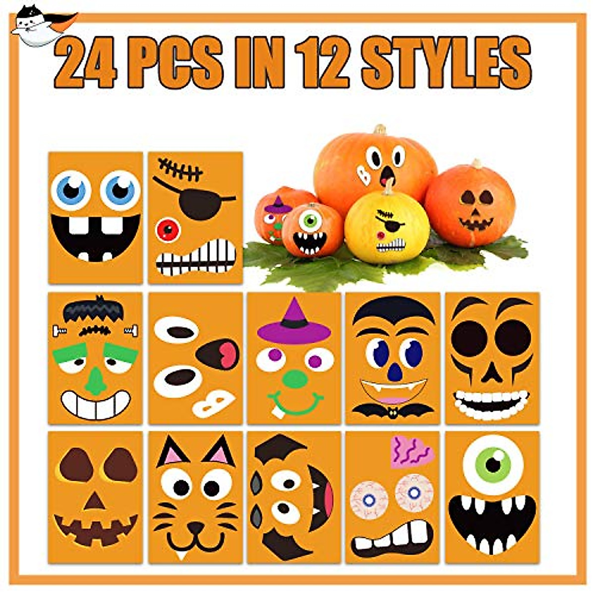 Funnlot 24Sheet Pumpkin Decorating Stickers Halloween Face Stickers Halloween Pumpkin Stickers Jack O Lantern Stickers Pumpkin Stickers for Kids Halloween Party Favors