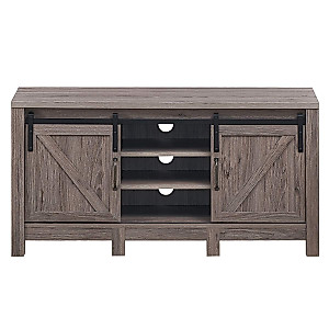 Tangkula TV Stand with Sliding Barn Doors, Modern Farmhouse Wood Entertainment Center for 55 Inch TV, Media Console Cabinet w/Storage Cabinets & Adjustable Shelves, Grey TV Stands for Living Room