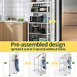 Mochubang Foldable Storage Shelves Unit, 5-Tier Folding Shelf Steel Shelving Rack Organizer Cart with Rolling Wheels for Mobile in Kitchen, Warehouse, Closet, Patio, Pantry Organization (White)