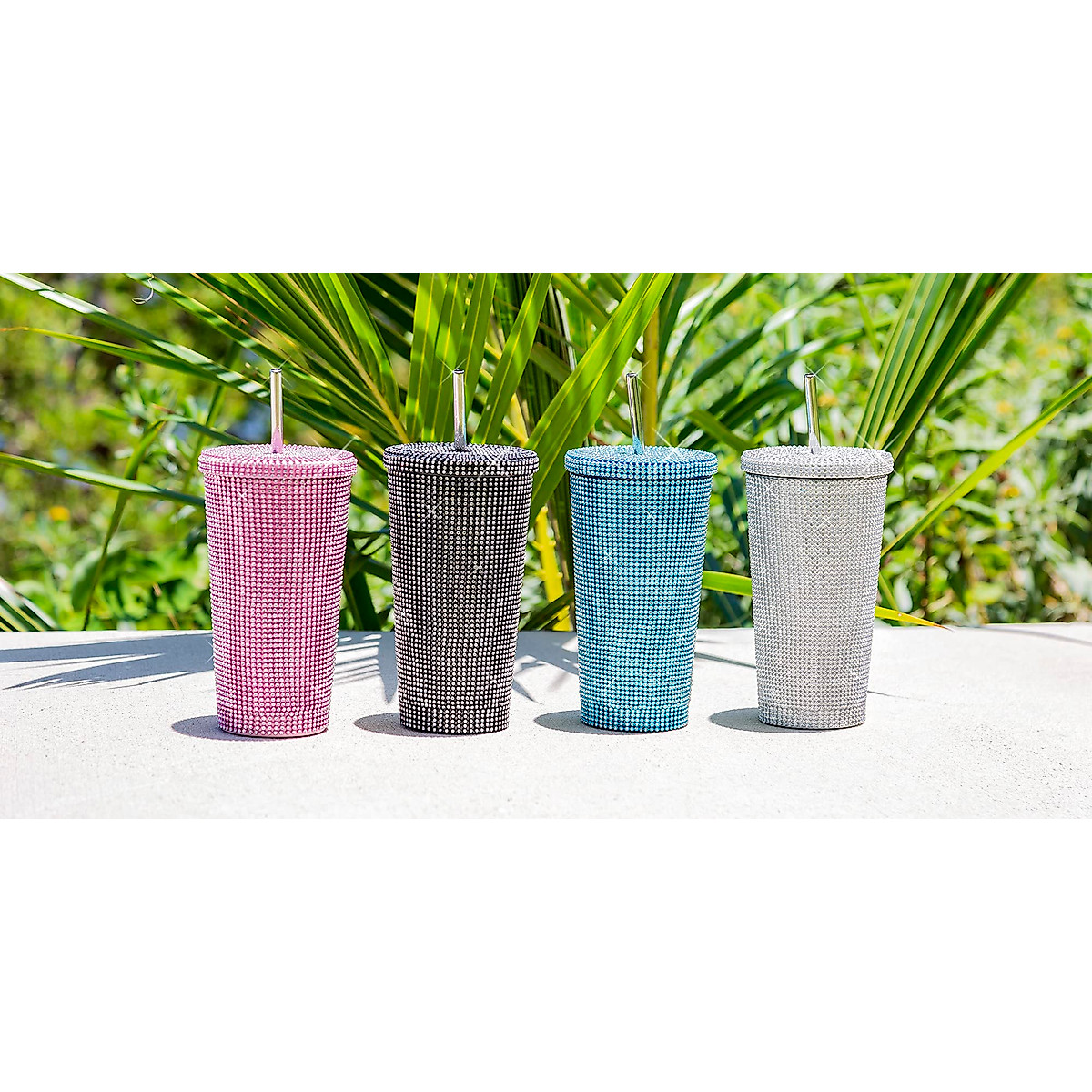 Paris Hilton Diamond Bling Water Tumbler With Lid And Straw, Vacuum Insulated Stainless Steel, Bedazzled With Over 3700 Rhinestones, 16.9-Ounce, Blue