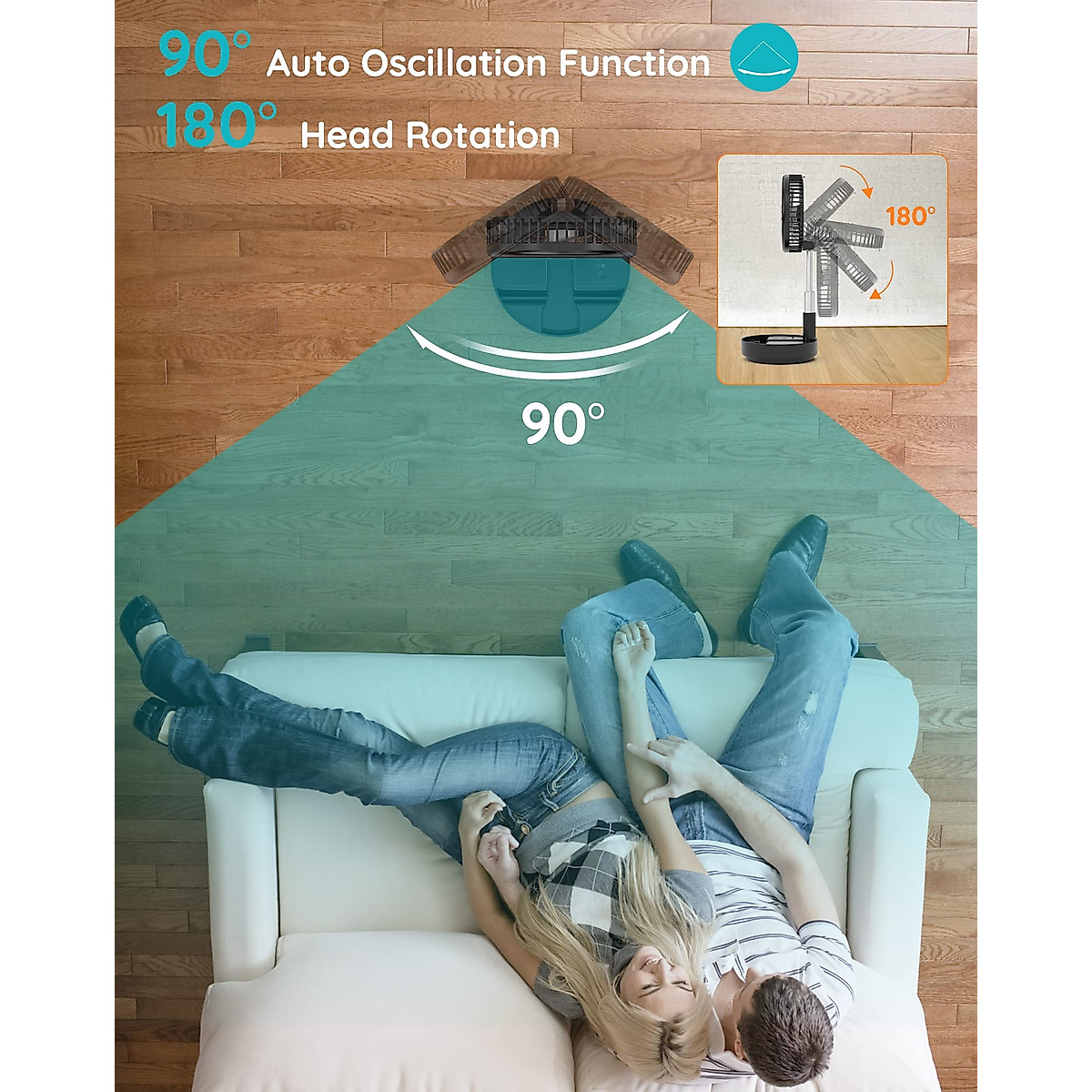 Primevolve Portable Oscillating Standing Fan,Rechargeable Battery Operated USB Floor Table Desk Fan with Remote, 4 Speed Settings Pedestal Fans for Bedroom Office Camping Fishing Travel Black 7.7"