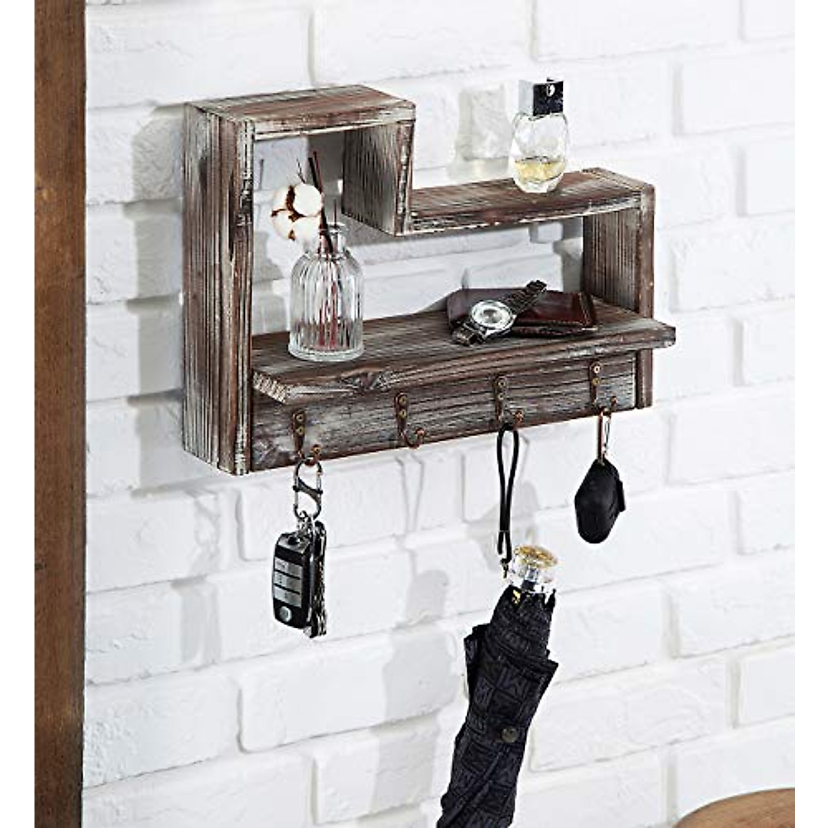 J JACKCUBE DESIGN Wall Mount Entryway Key Holder Rustic Wood Hanging Shelf with 4 Hooks for Keys, Mails, Home Decor Display Wooden Cubby Rack Hanger- MK537A