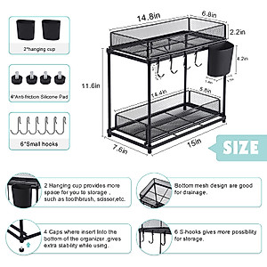 UHIAGREE Under Sink Organizers and Storage, 2 Tier Under the Sink Organizer with Pull out Sliding Drawers, Under Kitchen Sink Organizers and Storage with Hooks Hanging Cup for Kitchen Bathroom