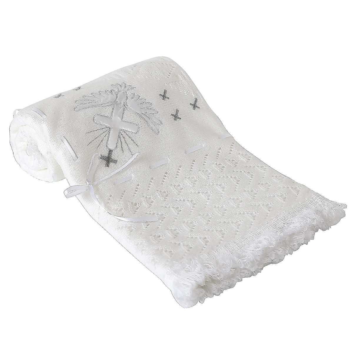 Booulfi Baby Christening Blanket Newborn Unisex Baptism White Baby Blanket Shawl Knitted Baptism Blankets for Babies