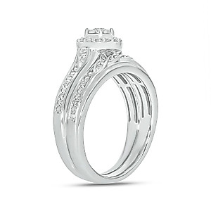 Cali Trove, 1/4cttw Diamond Halo Engagement Ring with Matching Diamond Wedding Band for Women in 925 Sterling Silver, Women's Silver Round Halo Wedding Ring Set with Diamond Accented Bands,7