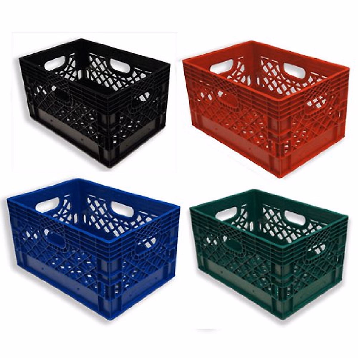 24qt 4 Pack HDPE Plastic Black, Blue, Red, & Green Milk Crates