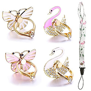 4 Pack Phone Ring Stand, Diamond Bling Butterfly Cell Phone Kickstand Grip, 360 Rotation Universal Multi Angle Metal Phone Ring Holder (2 Butterfly, 2 Swan, 1 Strip)