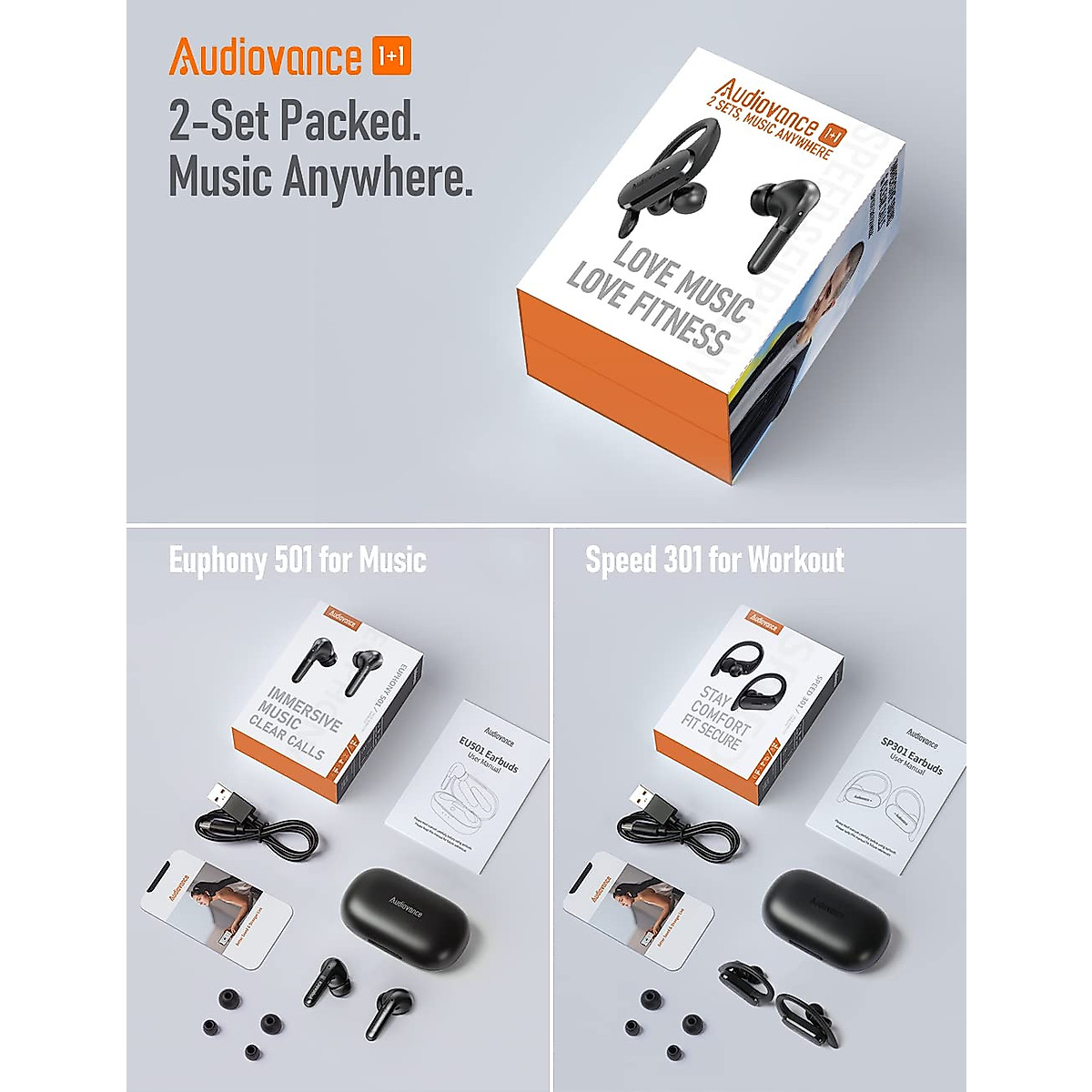 Audiovance 2 Sets Wireless Earbuds Bluetooth Headphones Ideal Gifts, Euphony 501 & Speed 301, 2 Sets Wireless Ear Buds for iPhone & Android (SPEU 501)
