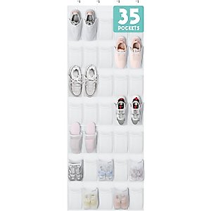 Tiblue Over The Door Shoe Organizer 35 Mesh Pockets Hanging Shoe Organizer Shoe Rack For Door Closet Entryway Bedroom Pantry Organizer - Shoe Holder Hanger For Sneakers, Women High Heeled Shoes White