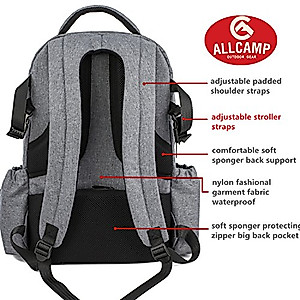 ALLCAMP OUTDOOR GEAR diaper bag XXX-Large capacity SUPPORT ANY BABY STROLLER with changing pad, 26L (X-Grey)