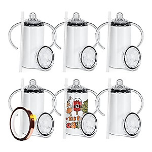 AGH Sublimation Sippy Cup Blank with Handles, 6 Pack 12 oz Straight Sublimation Tumblers Stainless Steel Insulated Skinny Tumblers with Splash-proof Lid, Shatterproof Water Tumbler