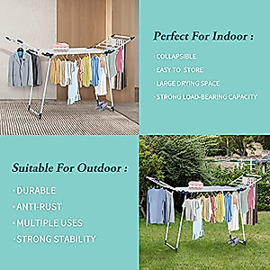 YUBELLES Clothes Drying Rack, Gullwing Laundry Rack, Collapsible, Space-Saving Laundry Rack, with Sock Clips, for Clothes, Towels, Linens, Indoor/Outdoor