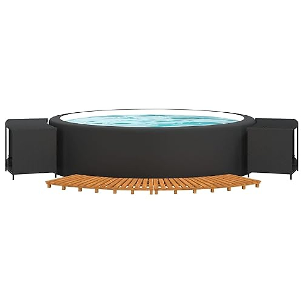loibinfen Spa Surround Set with Cushions, Poly Rattan Outdoor Massage Hot Tub Frame with 2 Storage Shelf and 2 Spa Step, Patio Outdoor Hot Tub Surround, Black Poly Rattan and Solid Wood Acacia -AA