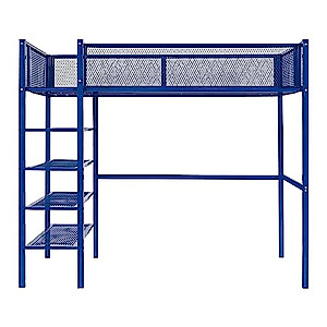 FIQHOME Twin Size Metal Loft Bed with 4-Tier Shelves,Heaty Metal Loft Bedframe with Safety Guardrail and Storage,Space Saving Loft Bed Twin for Kids Teens, Blue