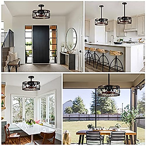 Rustic Hand-Swept Gold Paint Accents Sand Black Fandelier Ceiling Fans with Lights and Remote, Farmhouse Caged Semi-Flush Mount Ceiling Fan with Height Adjustment, Reverse Quite Motor for Indoor