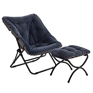 Tiita Saucer Chair with Ottoman, Soft Faux Fur Oversized Folding Accent Chair,Lounge Lazy Chair, Metal Frame Moon Chair for Bedroom, Living Room, Dorm Rooms, Garden and Courtyard