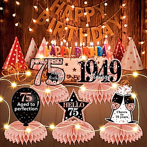 Bumqviy 9Pcs 75th Birthday Honeycomb Centerpieces Decorations with String Lights for Women, Rose Gold Pink Happy 75 Birthday Table Party Supplies, Vintage 1949 Aged to Perfection Birthday Table Sign