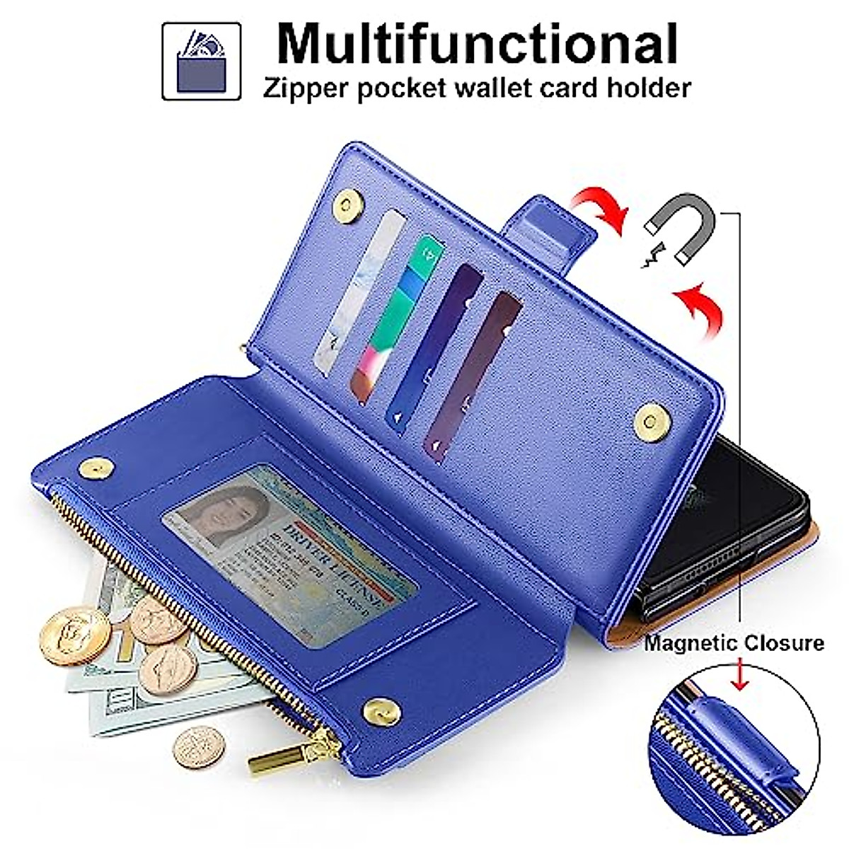 Antsturdy Samsung Galaxy Z Fold 3 5G Wallet with Card Holder for Women Men,Galaxy Z Fold 3 Phone case RFID Blocking PU Leather Flip Shockproof Cover with Strap Zipper Credit Card Slots,Purple Blue