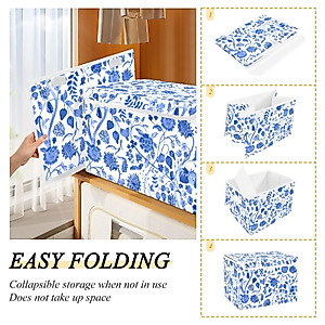 Doterii Blue Chinoiserie Blooming Flowers Storage Bin with Lid Fabric Foldable Cube Baskets Closet Toy Organizer