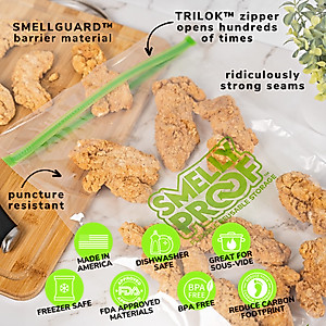 Smelly Proof Reusable Food Storage Bags Bundle - Made in USA, Easy Clean, Dishwasher-Safe, XXL 2-Gallon Freezer Bags & Small SM-Snack Bags, 3-mils Thick, PEVA & BPA Free, 5-Pack & 10-Pack