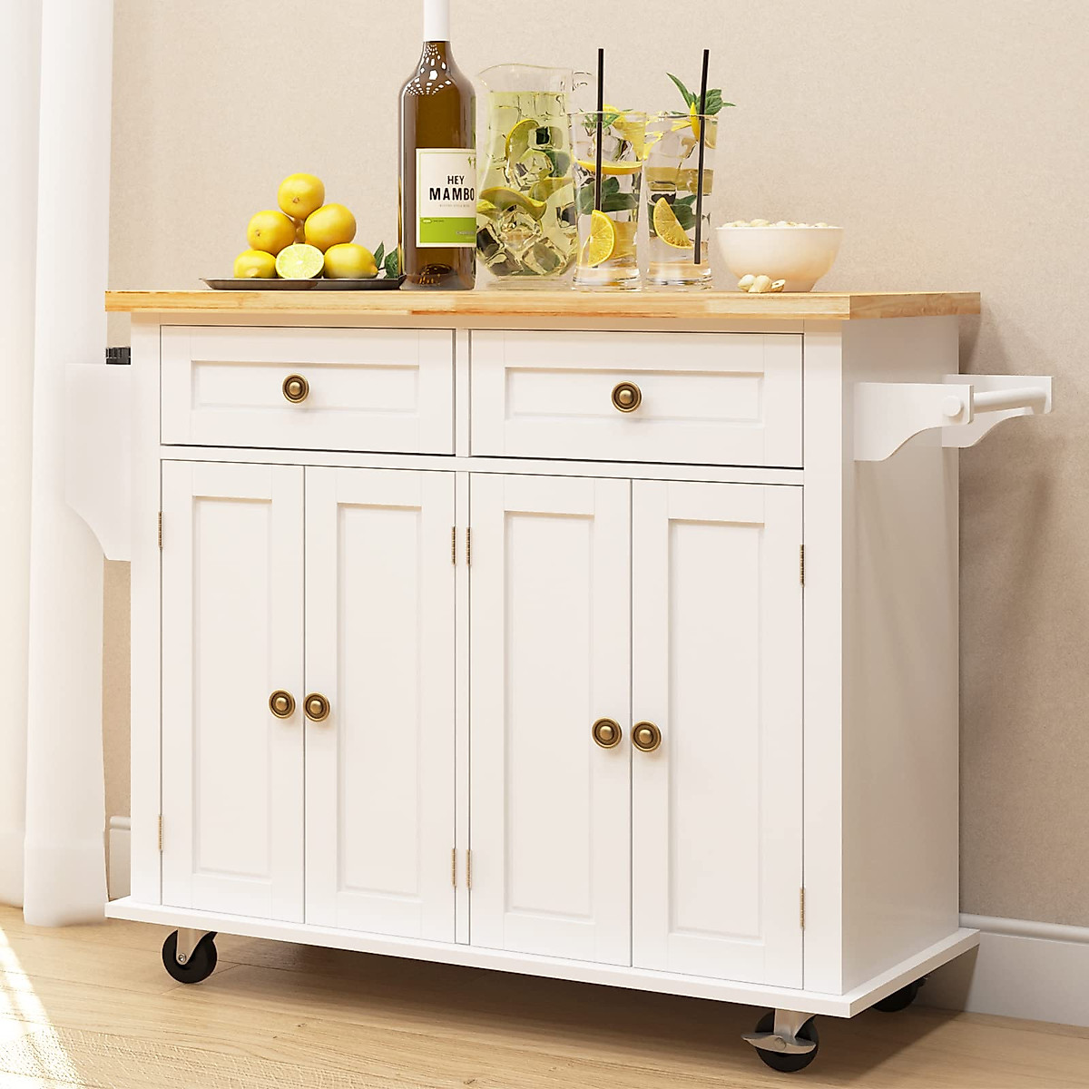 soges Rolling Kitchen Island Cart with Storage, Wood Trolley Cart with Spice and Towel Rack, Mobile Kitchen Storage Cabinet Island Table on Wheels, Serving Cart with Cabinet and Drawers,FZSR-HT01WT