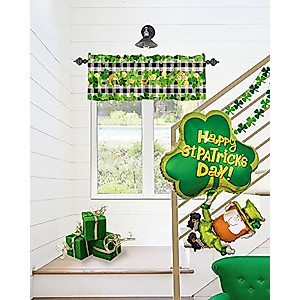 Curtain Valance for Windows St. Patrick's Day Clover Leaf Horseshoe Gold Kitchen Valances Rod Pocket Short Curtains,Black White Plaid Window Treatment Panel for Living Room Bathroom Bedroom 60x18in