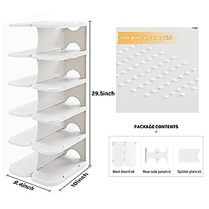 TXALWIQ 6-Tier Narrow Shoe Organizer, Adjustable Cubby Shoe Rack for Closet, Free Standing Shoe Slot Tower for Entrance, Stackable Space-Saving Shoe Storage Shelf for Entryway, White