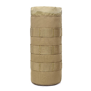 Tactical Molle Water Bottle Pouch Military Drawstring Open Top & Mesh Bottom Travel Water Bottle Holder Bag Tactical Hydration Carrier (Tan)
