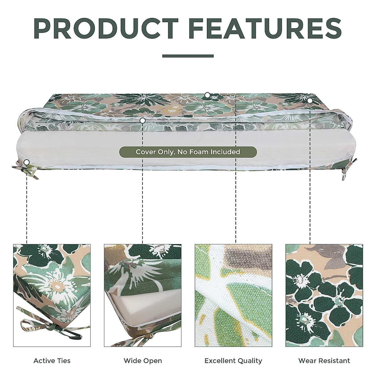 Magpie Fabrics Patio Bench Loveseat Cushion Covers (Replacement Cover only, No Insert!), Waterproof Fade Resistant Swing Cushion Slipcover with Ties(48x18x3 Inch, Green Floral)