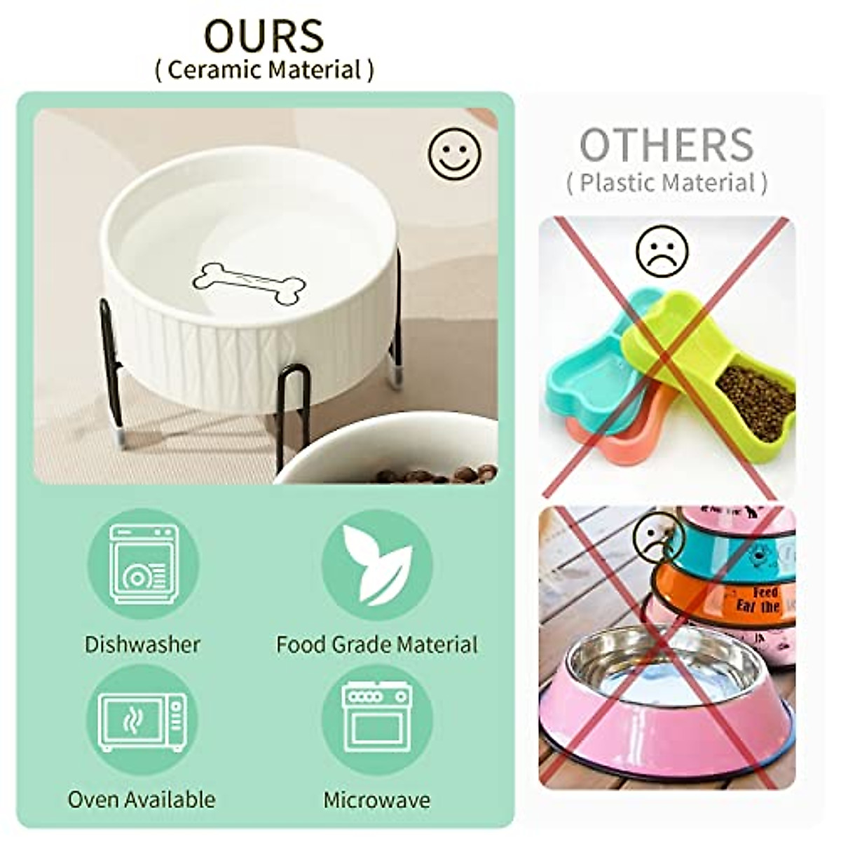 OMAYKEY 32 OZ Ceramic Elevated Dog Bowls with Metal Stand, Raised Cat Bowl Set for Food and Water, Pet Feeder Bowl Dish for Cats & Dogs, Non-Slip, Dishwasher Safe, White & Orange