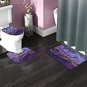 WONDERTIFY Digital Marbled Surface Bathroom Antiskid Pad Marbling Stone Texture Violet Blue Purple Marble Golden Veins 3 Pieces Bathroom Rugs Set, Bath Mat+Contour+Toilet Lid Cover