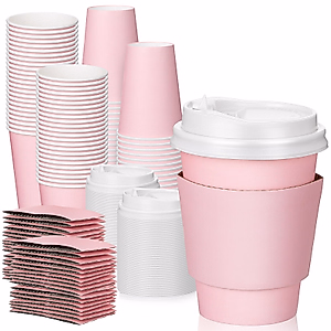 100 Pcs 12 oz Disposable Coffee Cups with Lids and Sleeves Bulk, Insulated Paper Cups Hot Chocolate Cups for Hot and Cold Beverage Water Juice Cocoa Tea Party Restaurants Travel Supplies (Pink)