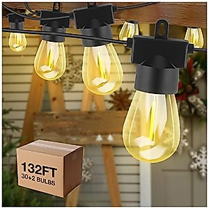 Outdoor String Lights,Patio String Lights IP65 Waterproof with 32 Vintage Shatterproof S14 LED Bulbs Commercial Grade Weatherproof Strand Heavy-Duty Decorative Cafe,Patio,Porch,Market 132FT