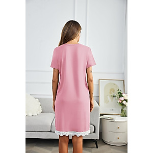 Ekouaer Ladies Night Gown Deep V Neck Short Sleeve Nightshirts Pj Dress Button Pajama Dress Pink