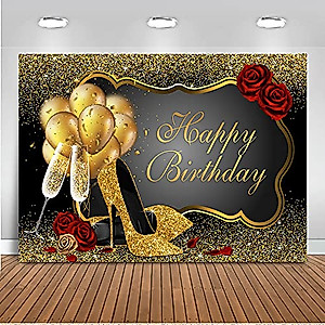 Mocsicka Black Gold Birthday Backdrop for Women 7x5ft High Heels Champagne Happy Birthday Banner Photo Studio Prop 20th 30th 40th 50th 60th Birthday Photo Backdrops