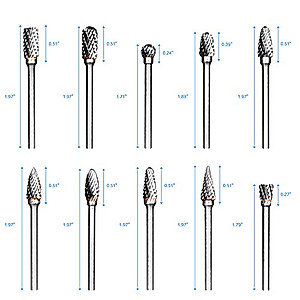 Rotary Burr Set, 10pcs Tungsten Carbide Rotary Burrs Set Double Cut Points Files Grinder Fit Rotary Tool for Engraving Wood Working Carving Polishing and Drilling, 1/8" Bit Shank 1/4” Head Size