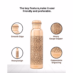 HYGGE Copper Water Bottle for Drinking – 34oz Engraved Pure Copper Water Bottle – Travel Water Bottle for Gym, Office, Hiking, Outdoor – Ayurvedic Water Bottle with Lid