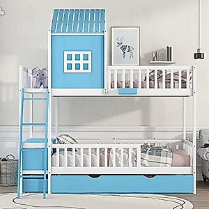 Lepfun Full House Twin Size Trundle, Solid Wood Farmhouse Bunk Storage Box and Drawer, for Kids Teens Adults, Practical Durable Bed for Bedroom, Apartment, Dorm (Blue)