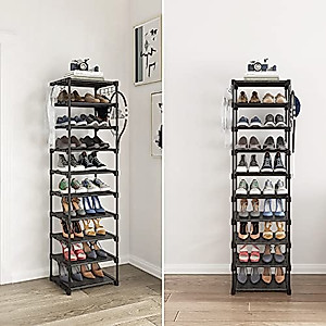 Plzlove Narrow Shoe Rack for Entryway 10 Tiers, Tall Vertical Shoe Organizer 21-24 Pairs Black Large Metal Shoe Shelf, Stackable DIY Corner Shoe Stand Tower for Closets and Small Place with Hooks