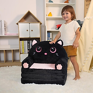 QIUODO Kids Couch Fold Out, Velvet 2-in-1 Flip Open Couch for Toddlers, Comfy Toddler Chair for Reading and Napping, for Boys and Girls (Black & Pink Kitty)