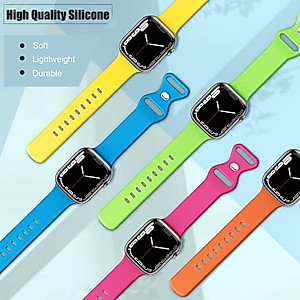 [5 PACK] STG Sport Watch Band Compatible with Apple Watch Band 38mm 40mm 41mm 42mm 44mm 45mm 49mm Soft Silicone Replacement Sport Strap Compatible for iWatch Ultra SE Series 8/7/6/5/4/3/2/1 (38mm/40mm/41mm S/M, 5 PACK A - Orange/Hot Pink/Apple Green/Surf