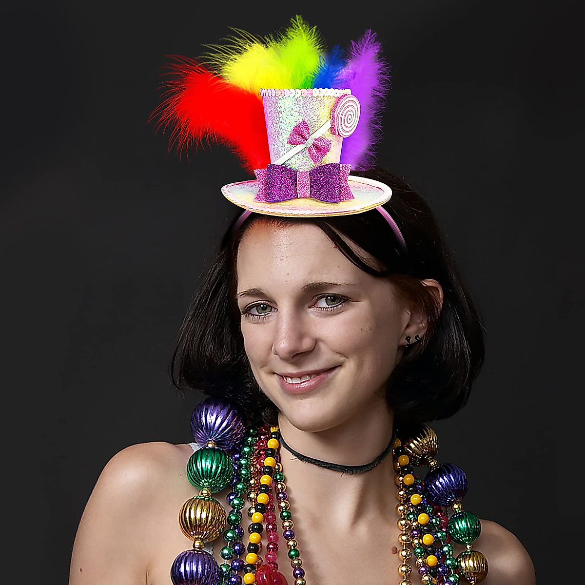 Bnikion Sweet Mini Top Hat Headband with Multicolor Feathers