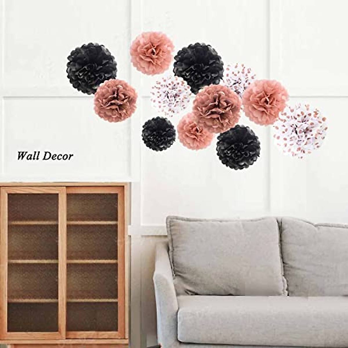 ANSOMO Rose Gold and Black Tissue Paper Pom Poms Party Decorations Flowers Pink Wall Hanging Décor Supplies Birthday Bridal Baby Shower Wedding Graduation