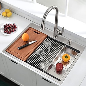 33-Inch Drop in Workstation Kitchen Sink - VOKIM 33 x22Inch Single Bowl Kitchen Sink 16 Gauge Stainless Steel 10'' Deep Handmade Kitchen Sink with Cutting Board& Strainer