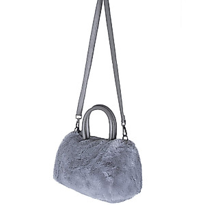 Luxe L 100% Faux Fur Bowler Bag for Women Soft Modern Top-Handle Handbag with Detachable and Adjustable Faux-Leather Strap, Grey